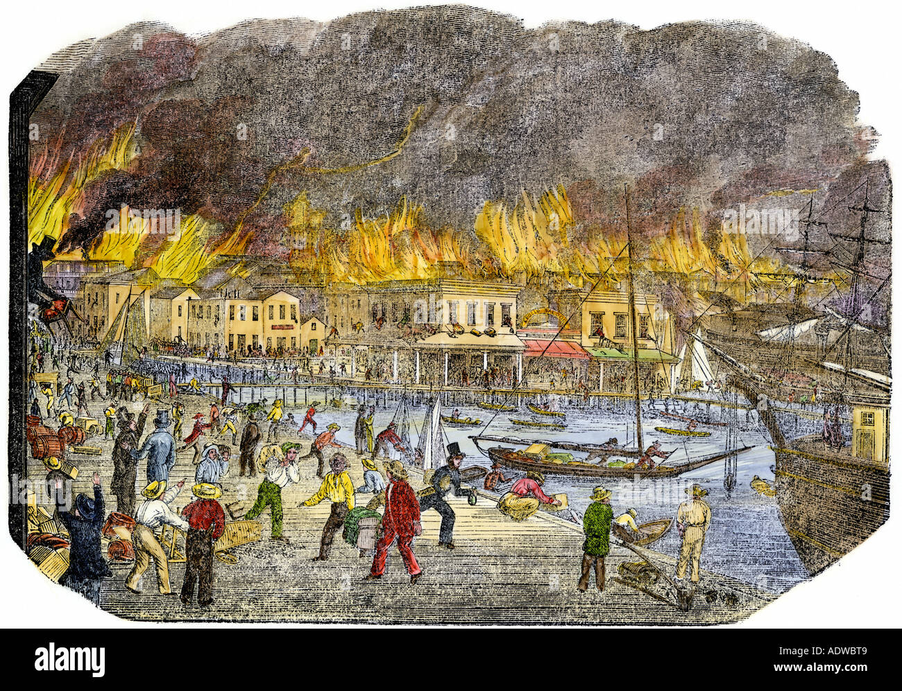 Great fire in San Francisco from a view on the waterfront 1851 Stock ...