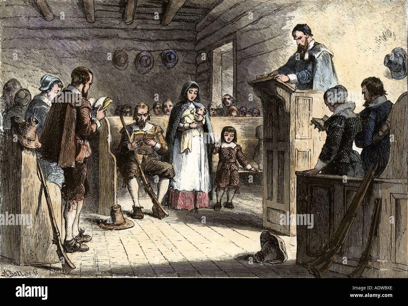 Pilgrim worhip service at Plymouth Massachusetts 1620s. Hand-colored ...