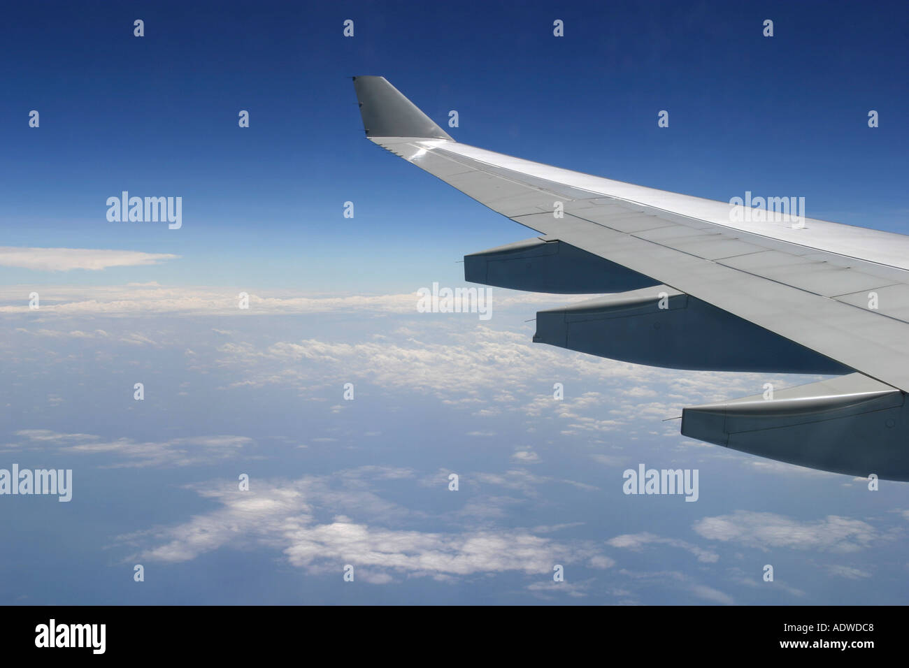 View of a commercial airliner wing through the window of a passenger ...