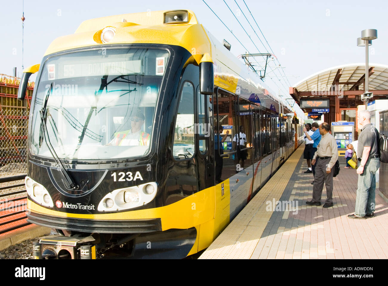 a light rail mass transit train coming into a terminal platform in ...