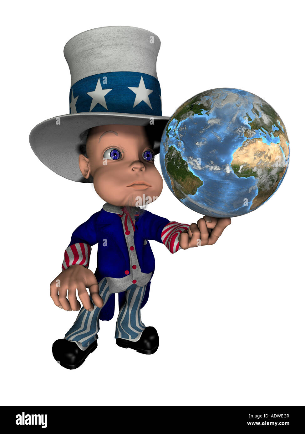 National figure Uncle Sam balances the globe on the finger as symbol ...