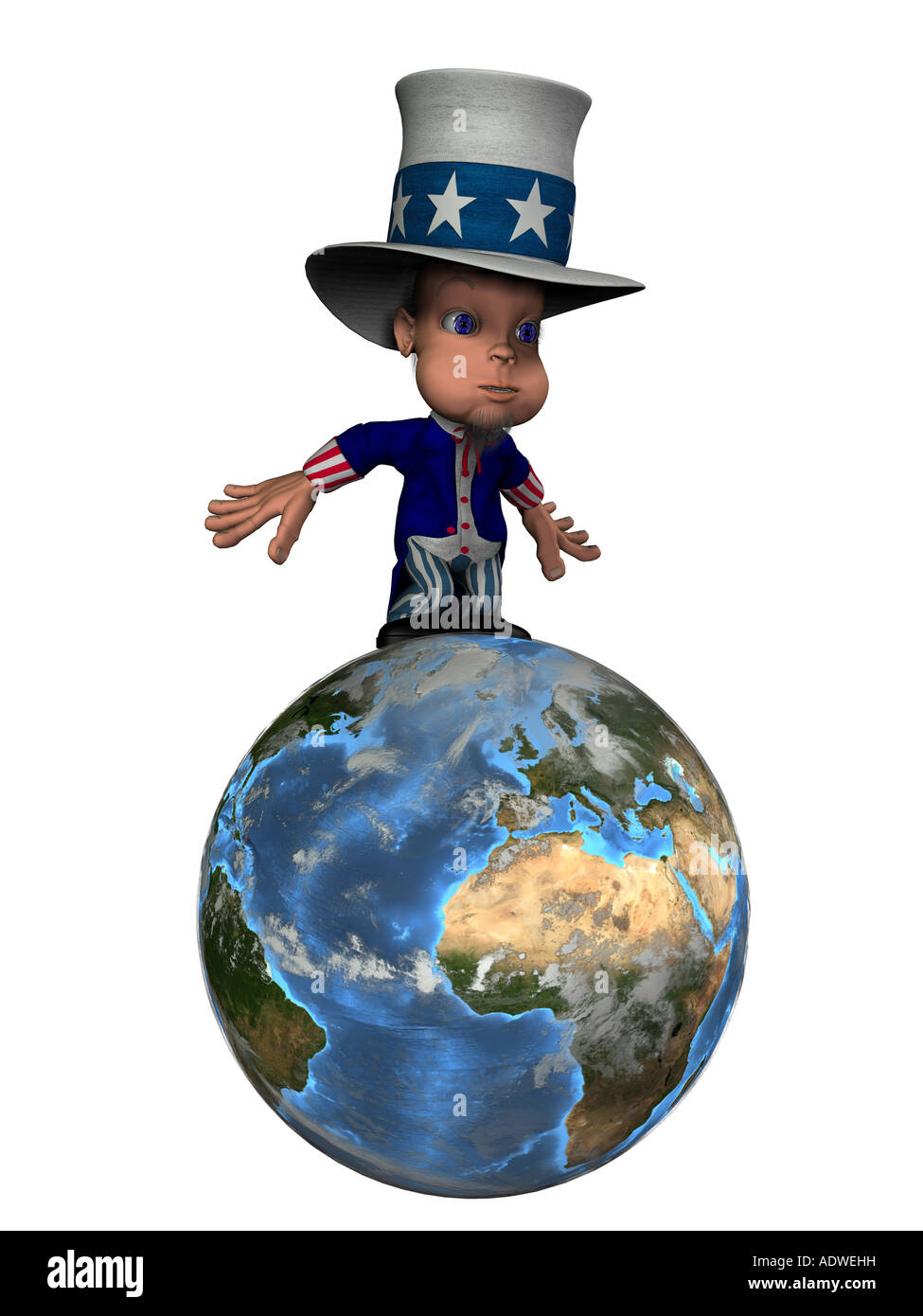 National figure Uncle Sam stands on the globe as symbol for control and ...