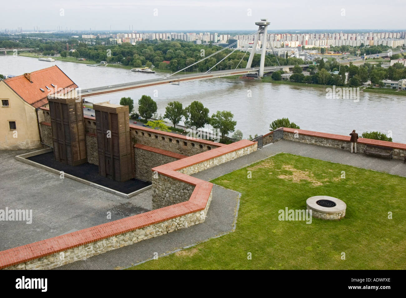 Slovak Republic Bratislava view from Castle toward New Bridge across ...
