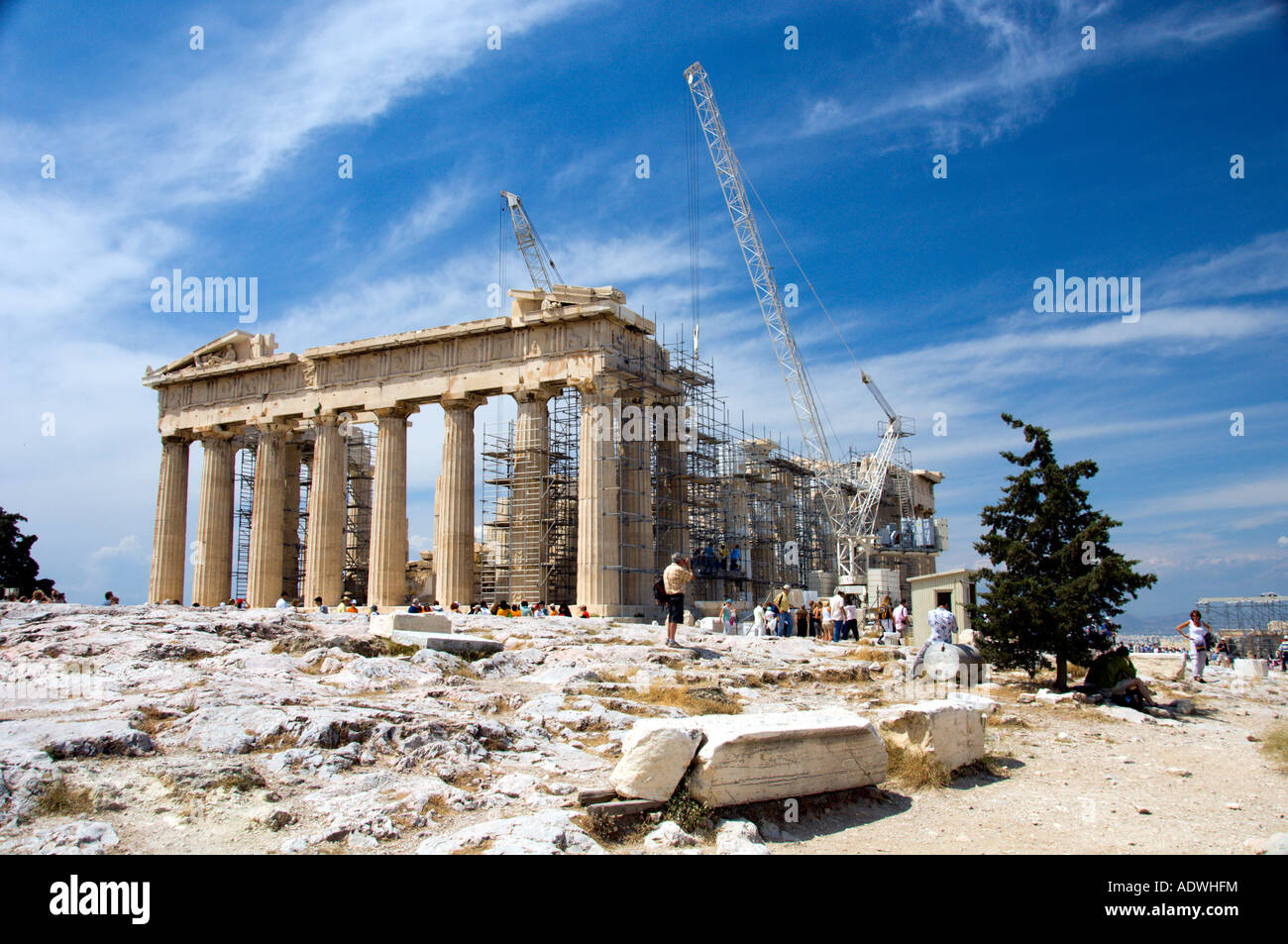 Construction cranes and restoration work at the parthenon on the Acropolis in Athens Greece ...