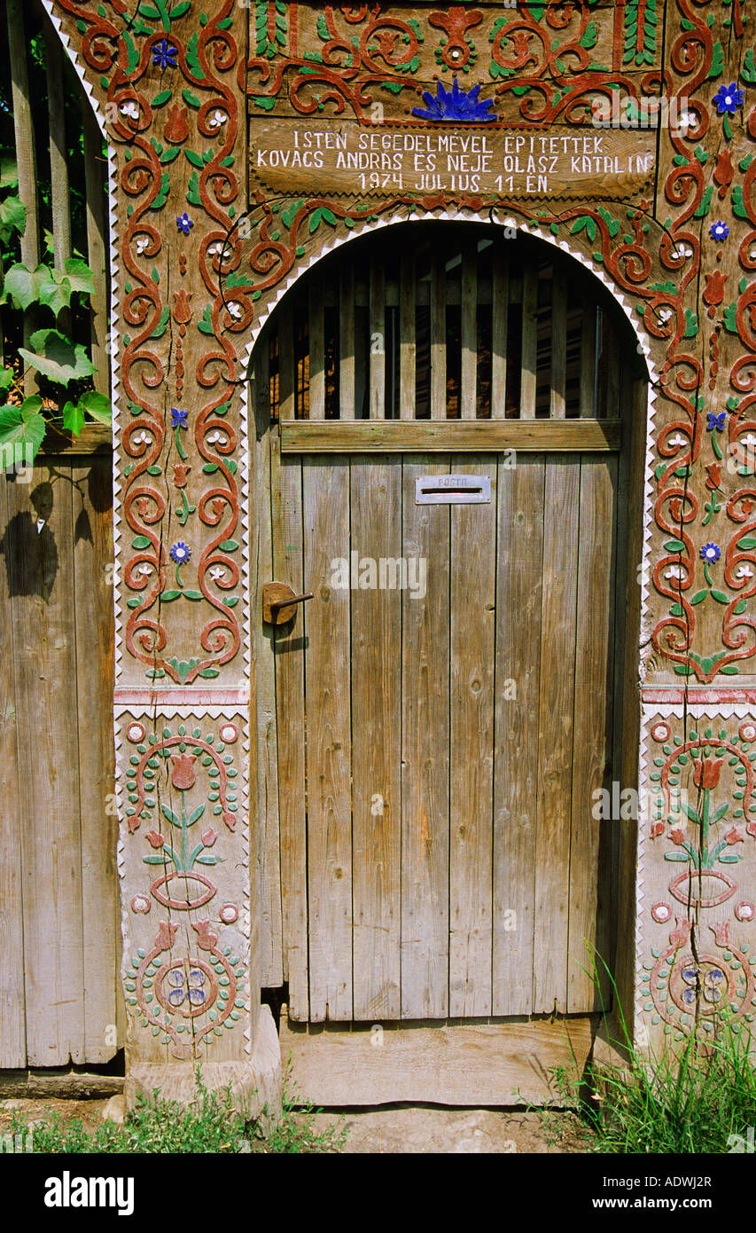 Ornamental carved wood Szekely village farm gate Transylvania Romania ...