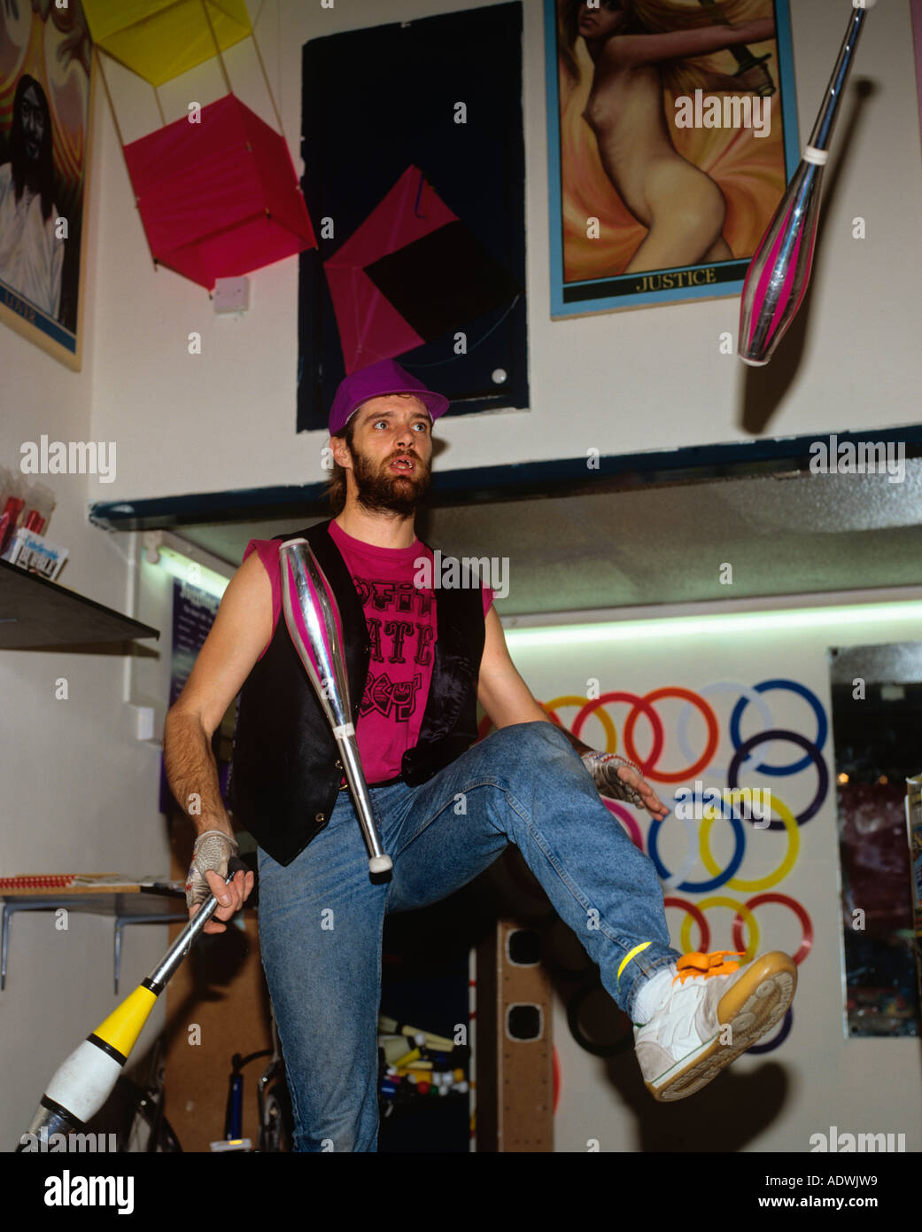 Wales Cardiff David Lloyd juggling in Carousel circus supplies shop ...
