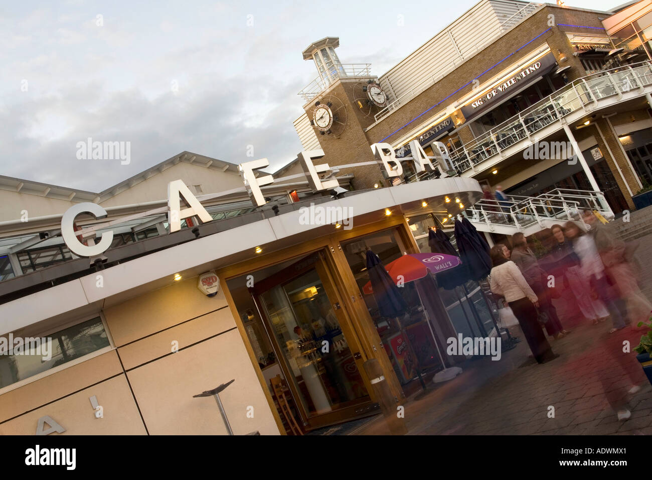 Wales Cardiff Bay nightlife seafront Café Bar and Willows Clock Tower ...