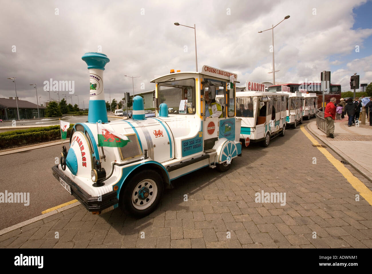 Wales Cardiff Bay barrage land train at Millennium Centre bus stop ...