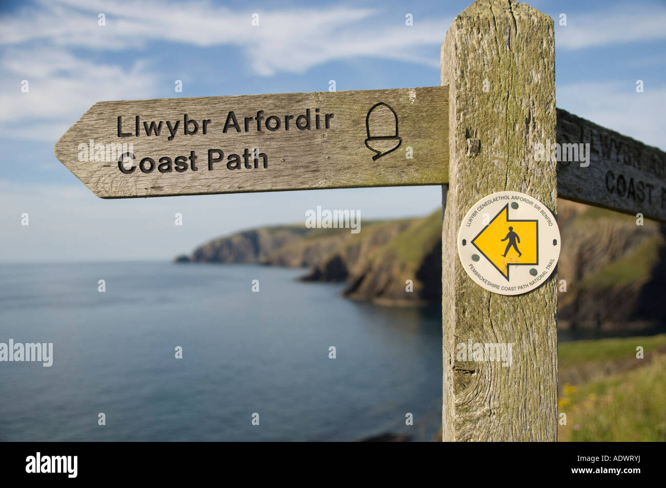 wooden signpost Pembrokeshire coast long distance path Ceibwr Bay west ...