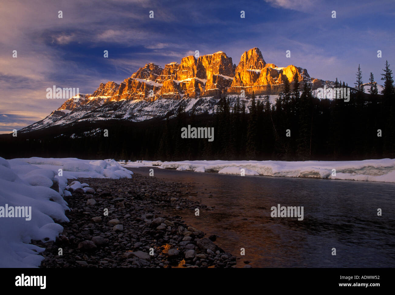 Castle Mountain along Bow River in Bow River Basin in Banff National Park in the Canadian ...