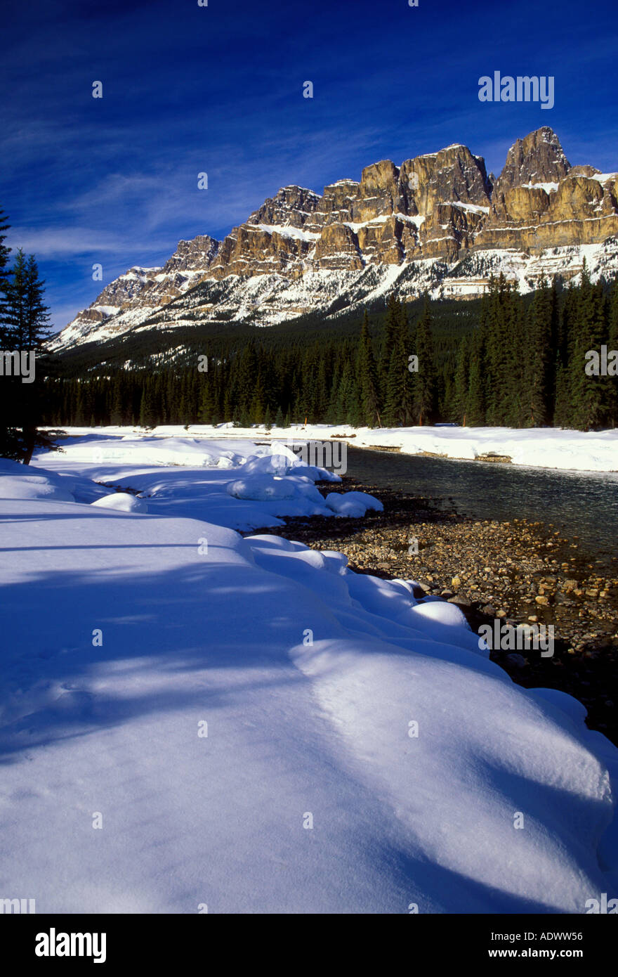 Castle Mountain along Bow River in Bow River Basin in Banff National Park in the Canadian ...
