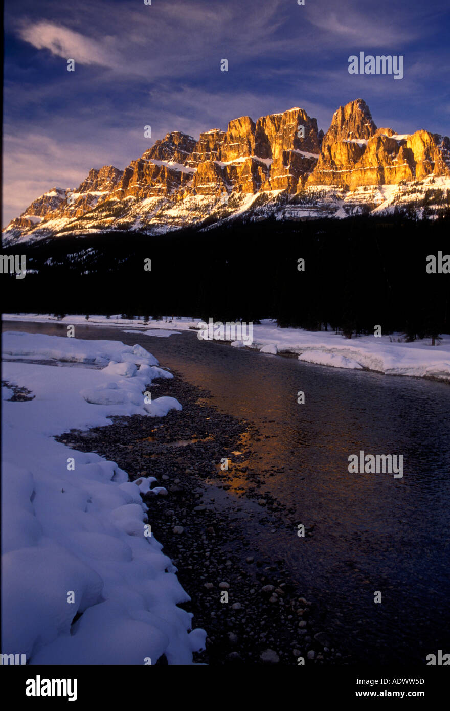 Castle Mountain along Bow River in Bow River Basin in Banff National Park in the Canadian ...