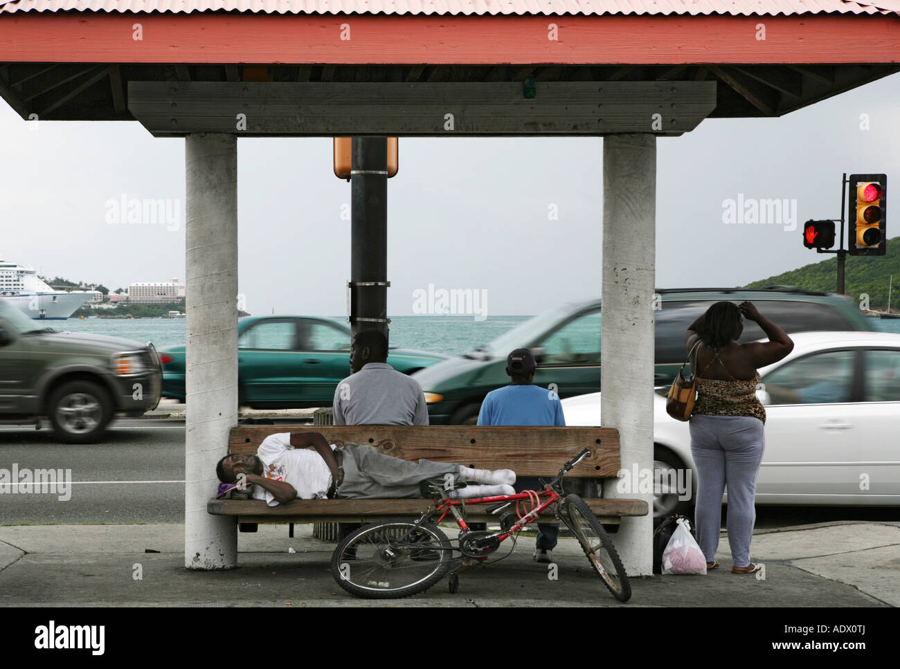 A bus stop on the seafront of Charlotte Amelia, St Thomas with a local ...