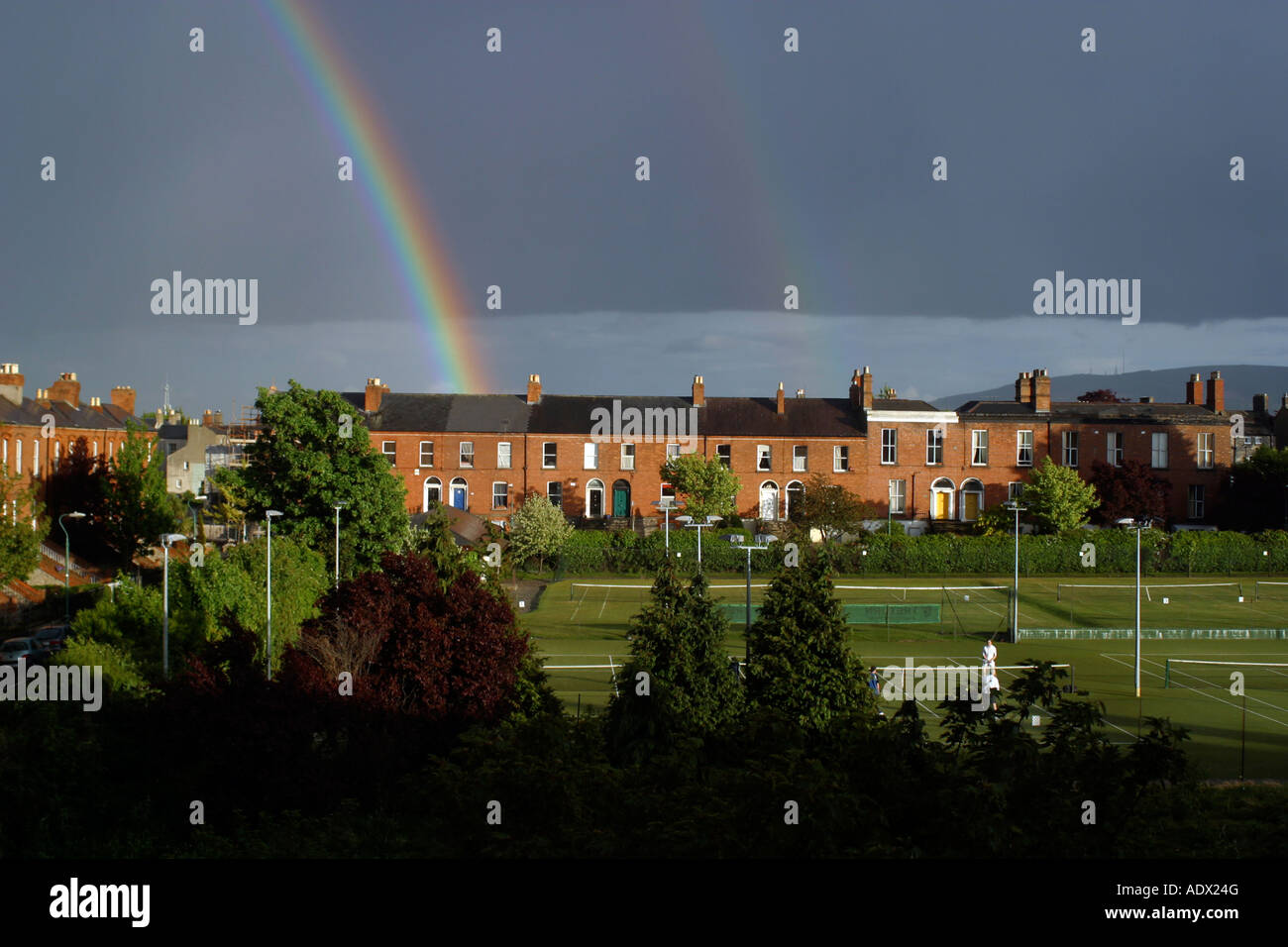 Rainbow in sky at Georgian houses, Grosvenor Square Housing Estate ...