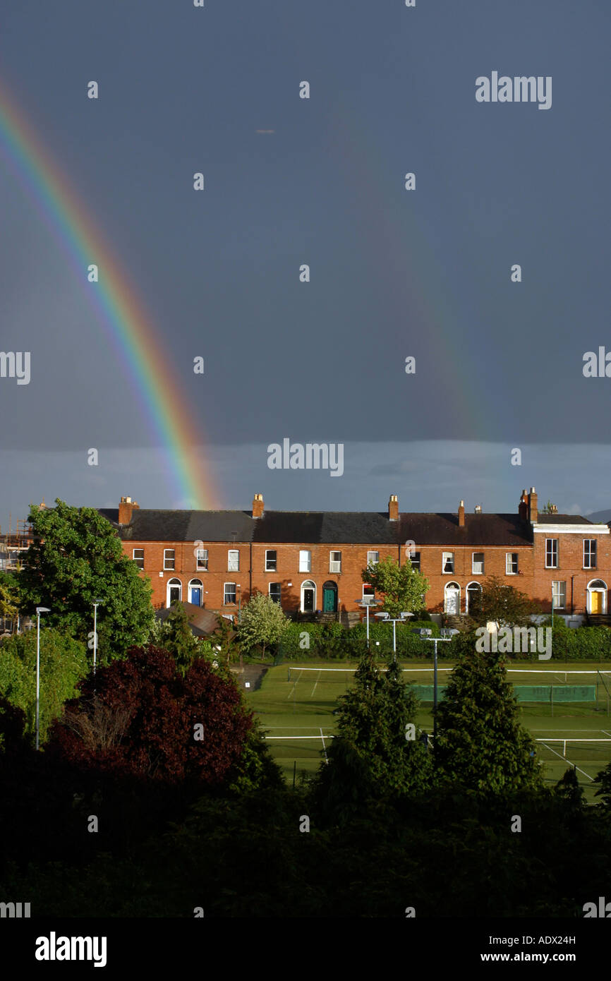 Rainbow in sky at Georgian houses, Grosvenor Square Housing Estate ...