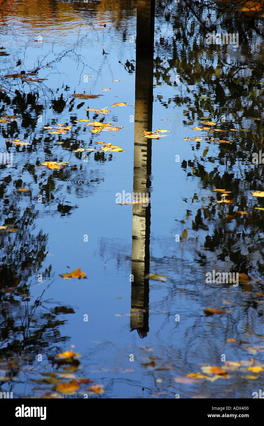 High water marker flood marker reflected in water Stock Photo - Alamy