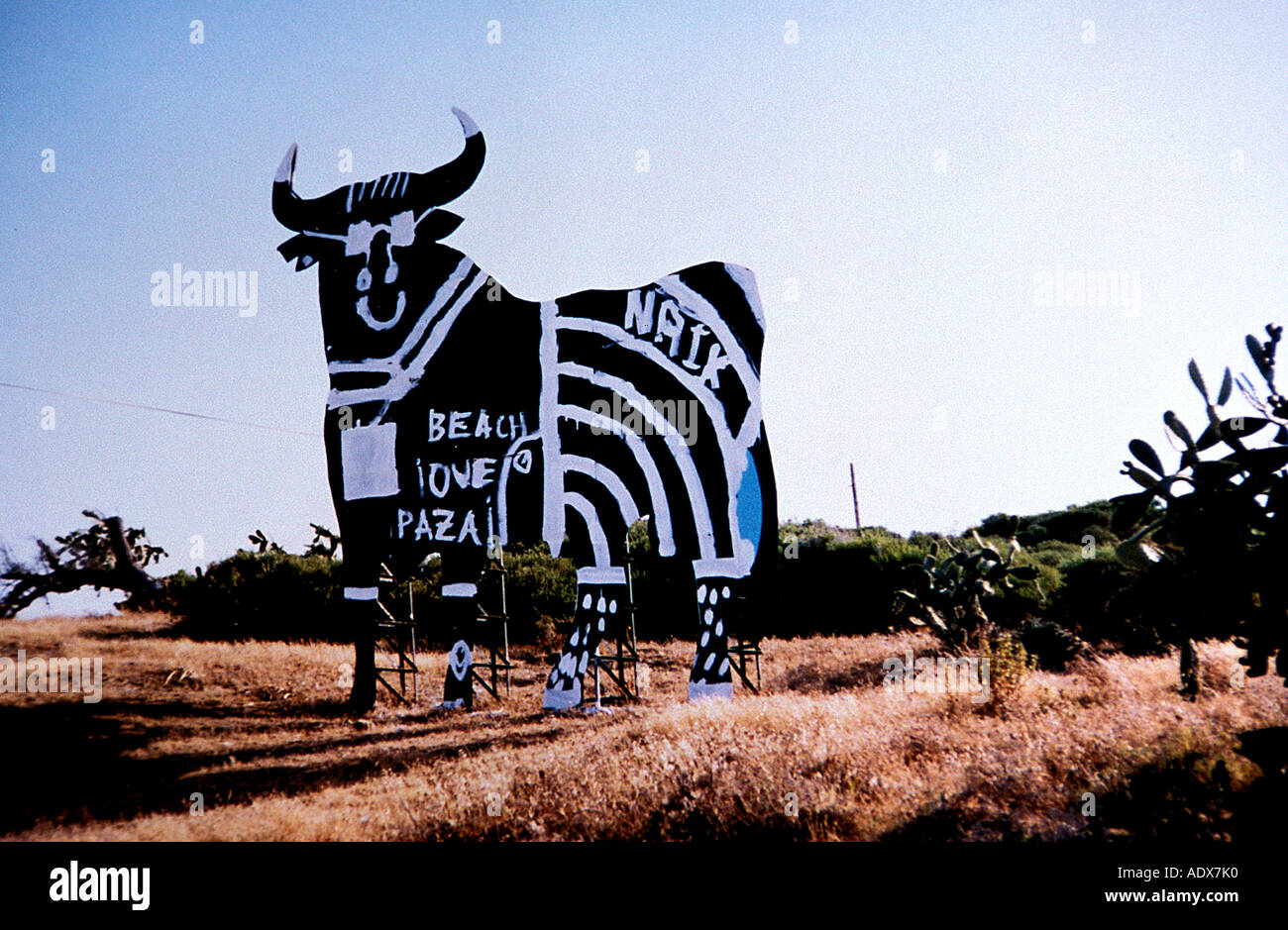 A painted Osborne bull called la mariquita at the road to Alcala de los ...