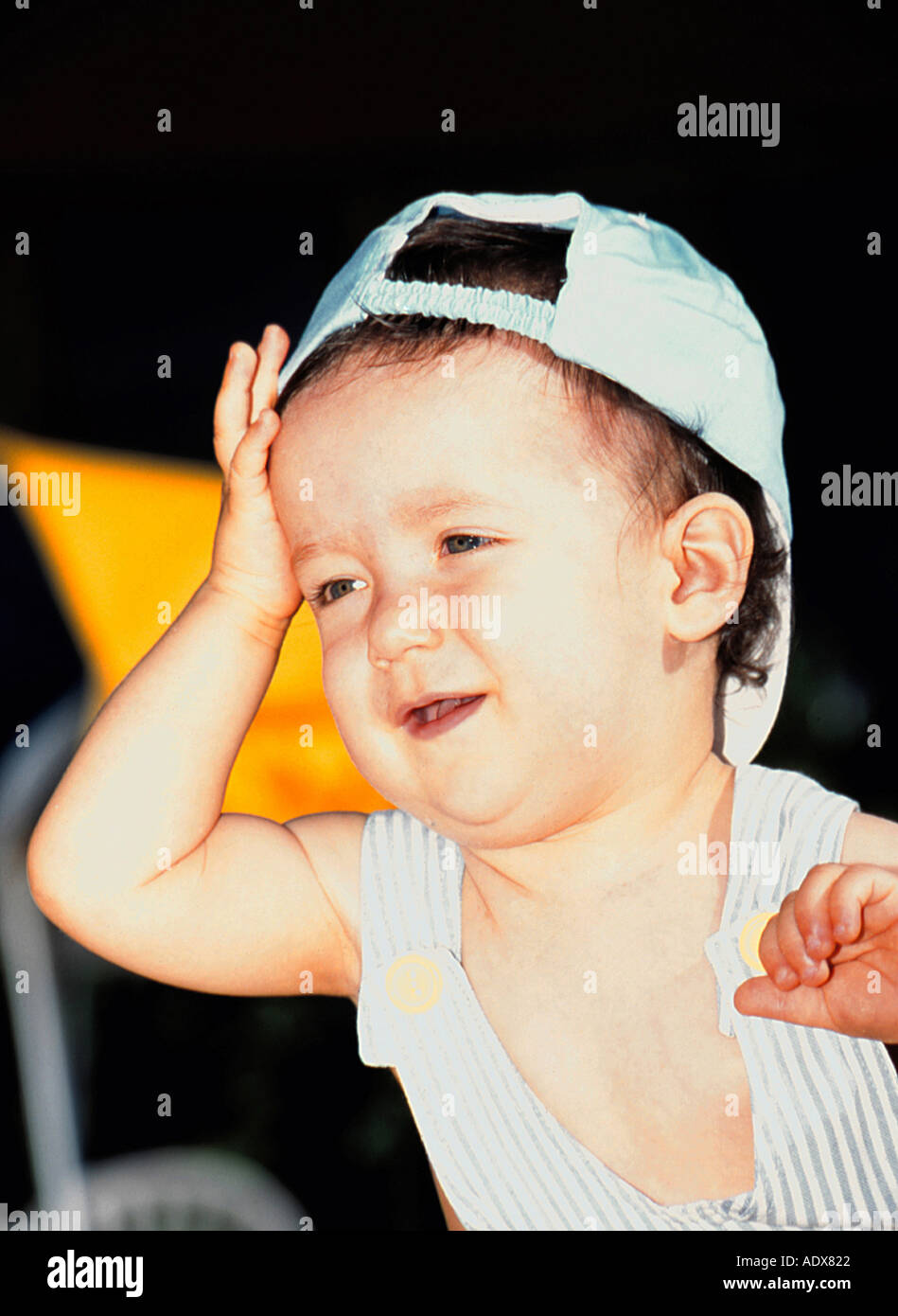 Children little boy overalls headache sorrow grief regret sitting ...