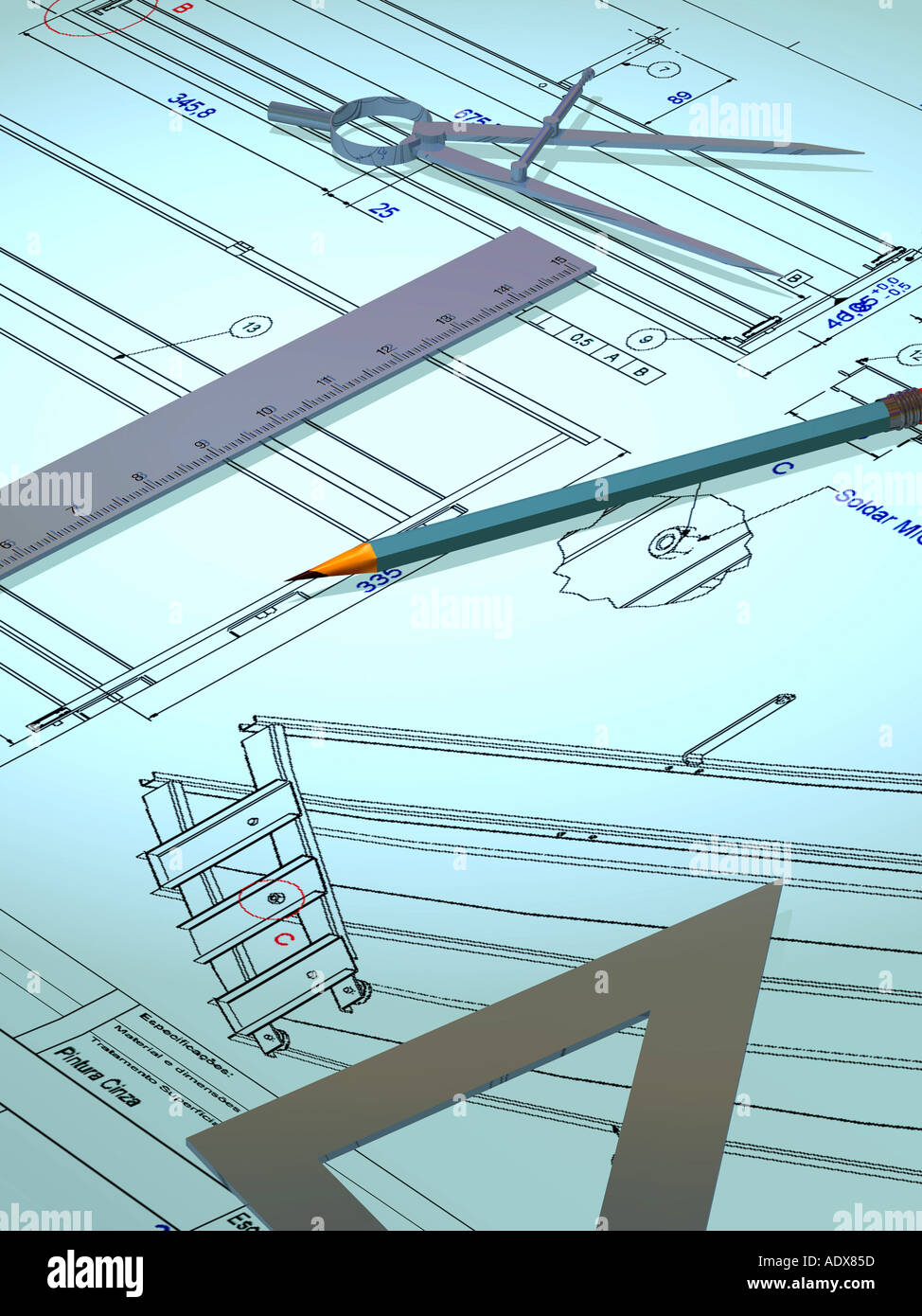 Illustrations ruler compass pencil drawing gear blueprint draft design ...