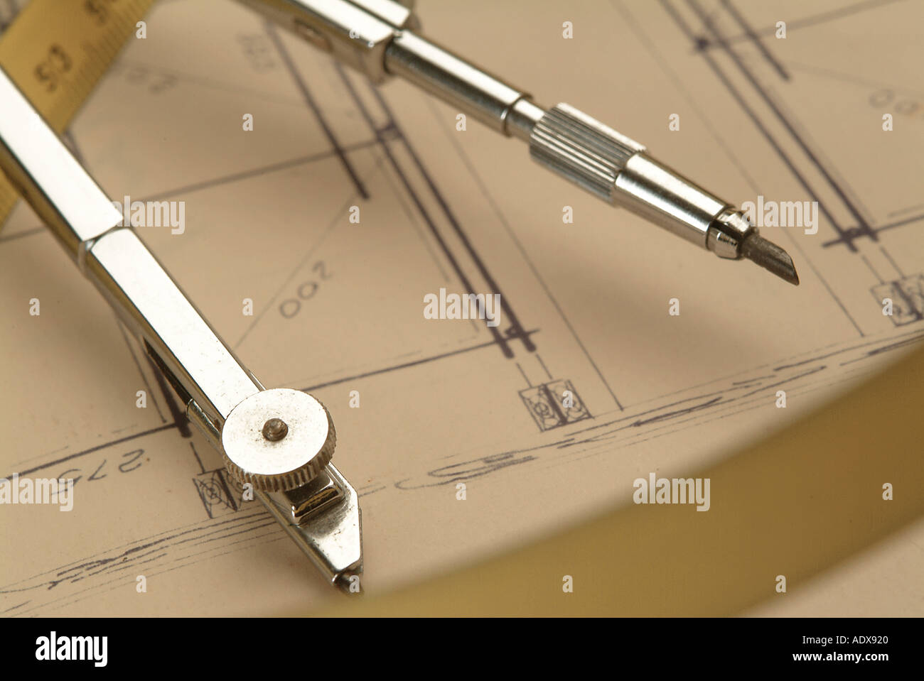 Architecture compass measuring tape close detail blueprint diagram ...