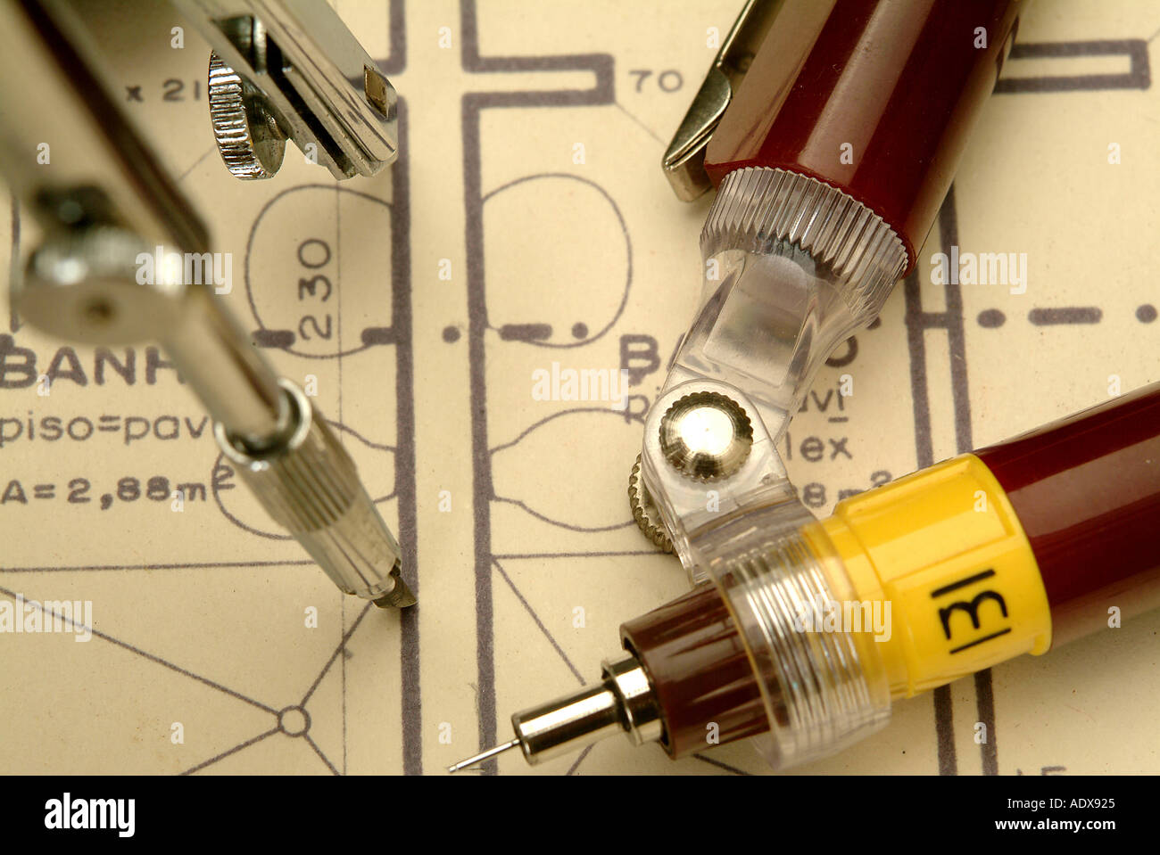 Architecture ink pen compass blueprint diagram project scheme bathrooms ...