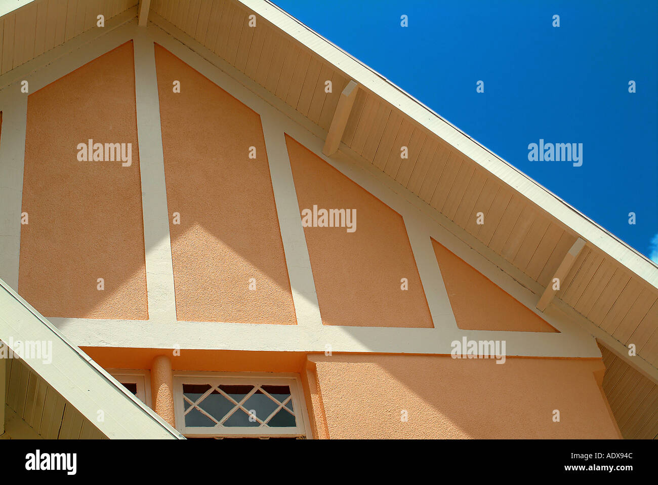 Architecture roof pink pinkish window beams edge blue sky detail house ...