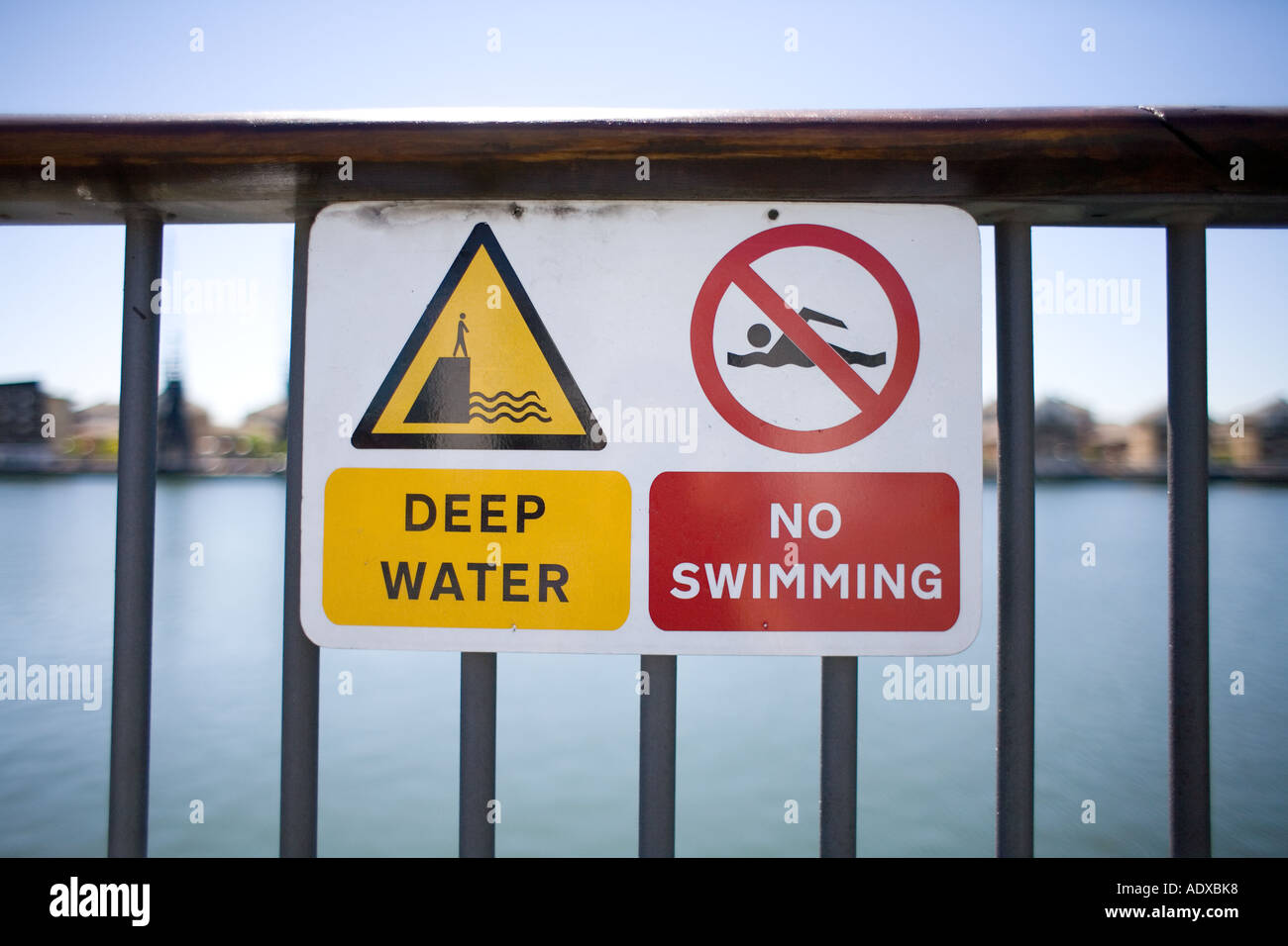 Deep water no swimming signs on riverside Stock Photo - Alamy
