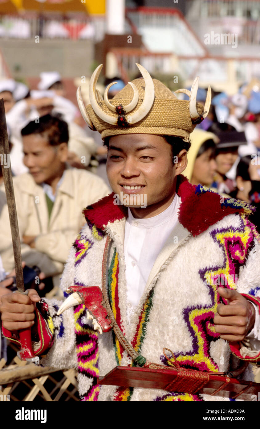 Kachin man wearing tradition costume to attend the annual tribal Manao festival at Myitchina ...