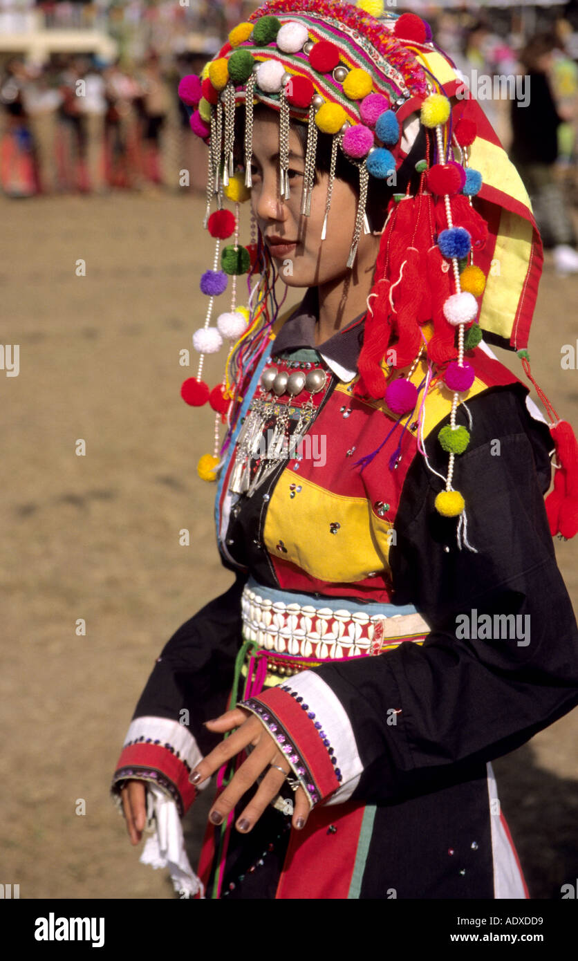 Portrait of a young Kachin tribal woman at a Manao (festival) in ...