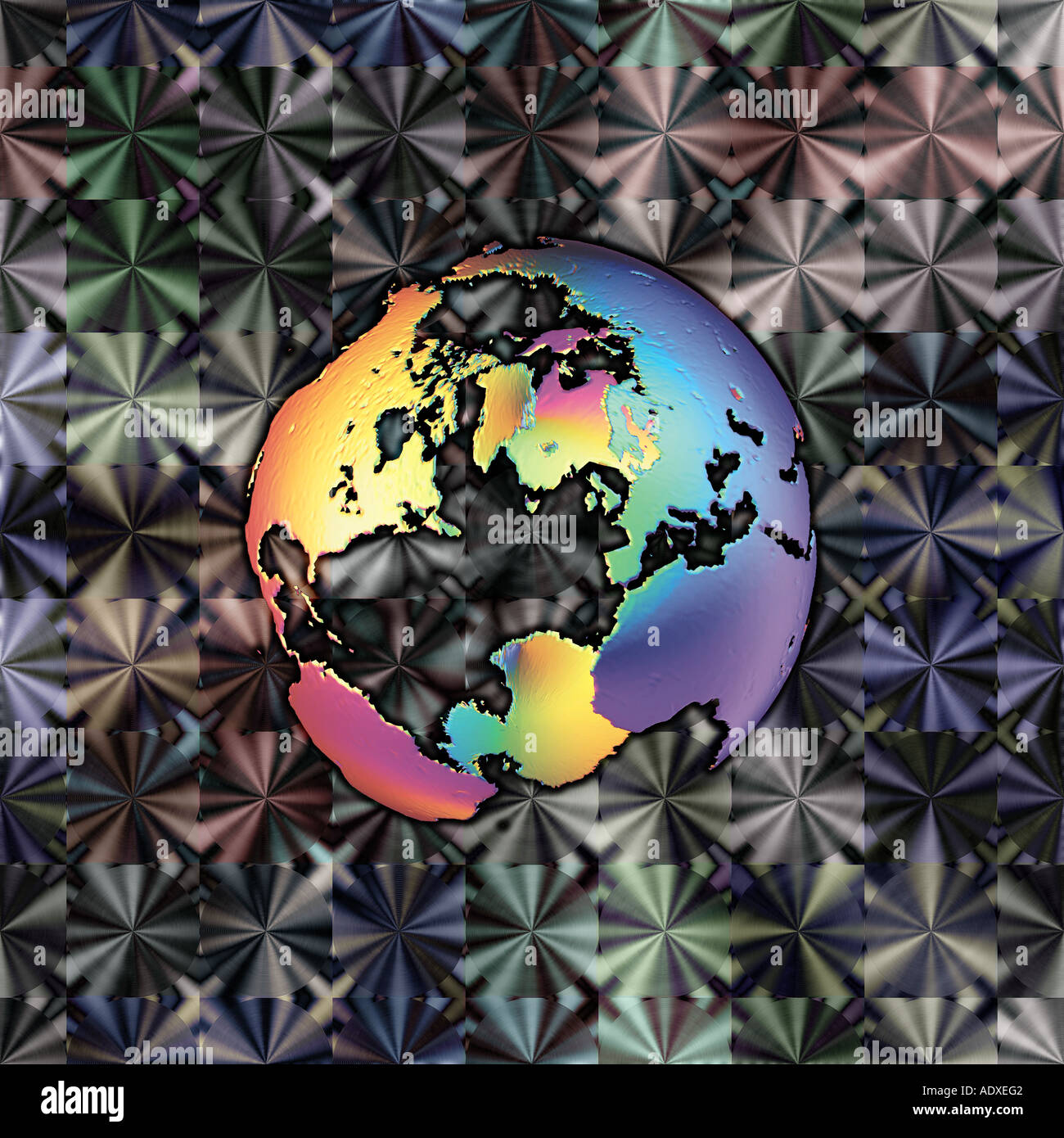 Stylized earth model against a patterned hard metal background Stock ...
