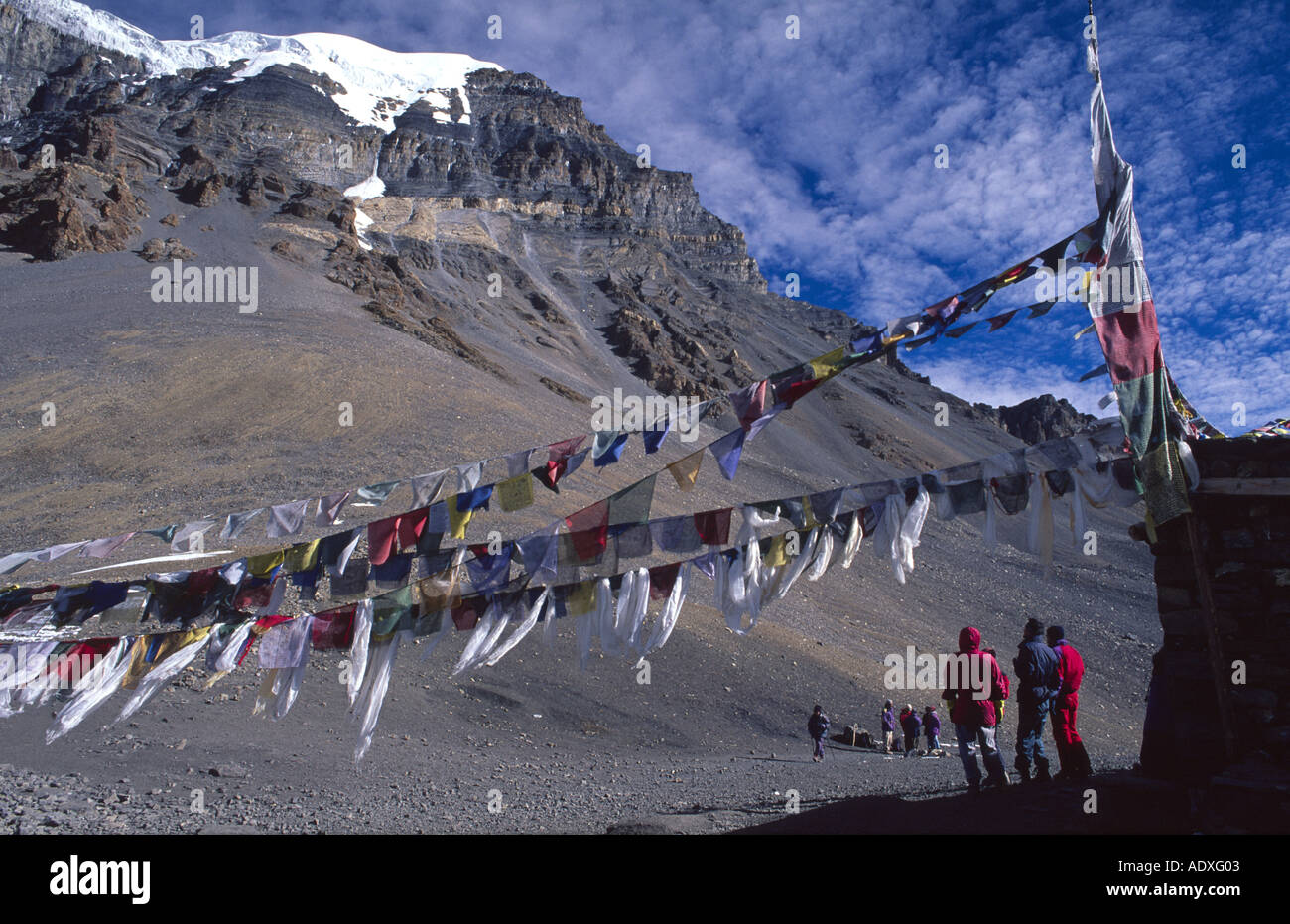 Trekkers at the summit of Thorong La pass, Annapurna Circuit, Nepal ...