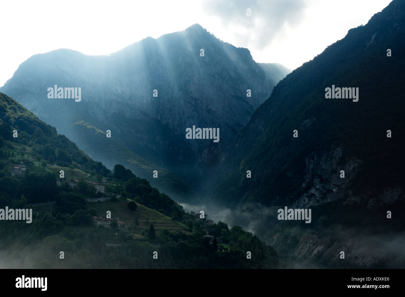 Erto in the morning with fog town panoramic view - region of friuli ...