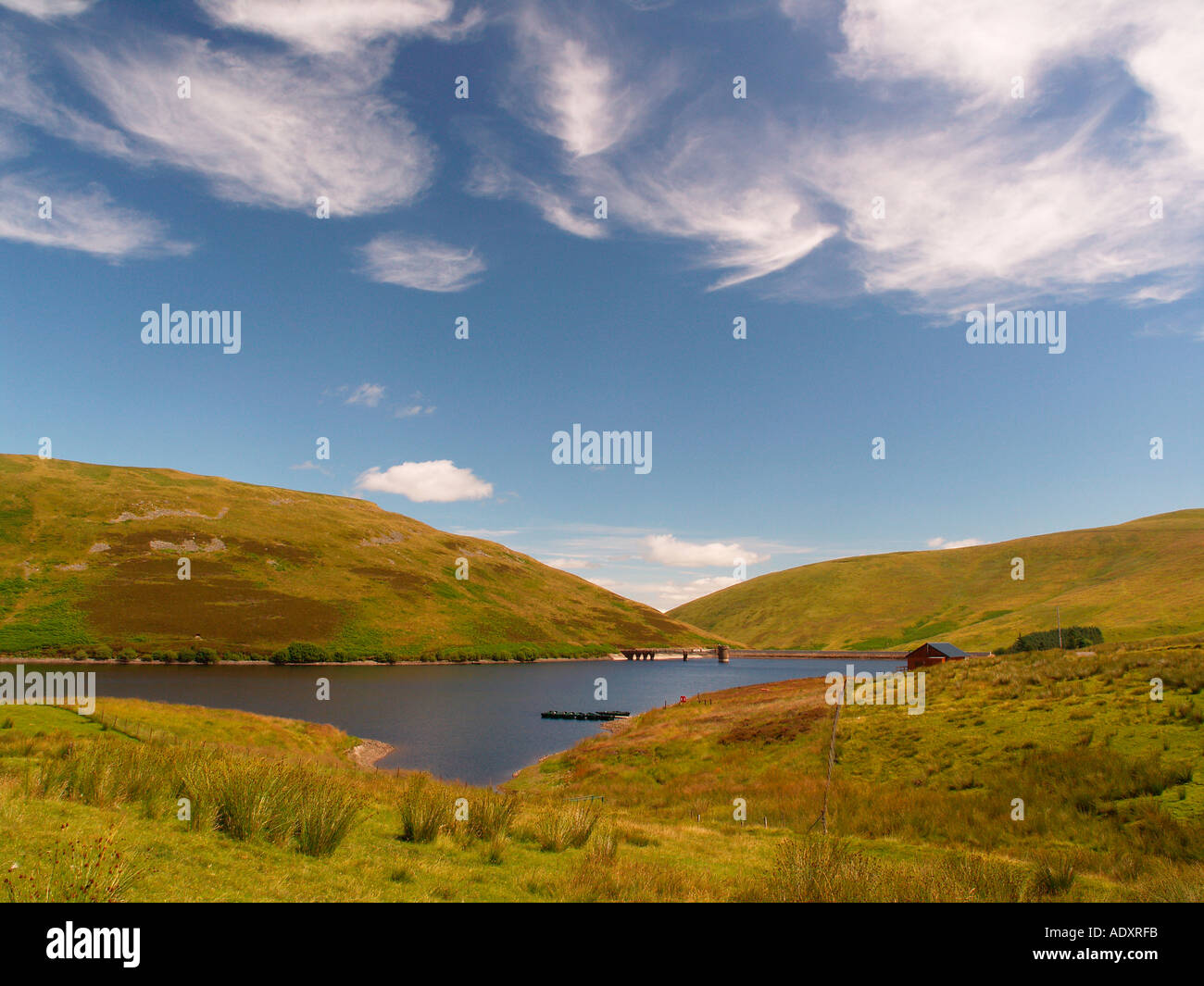 Glendevon reservoir and fishing huts Glendevon Perthshire Scotland ...
