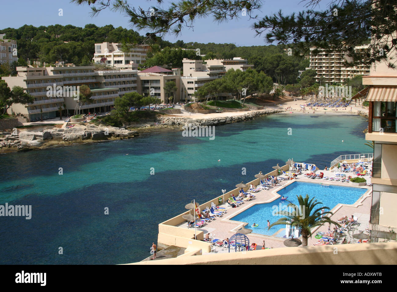 The bay and hotels of Cala Vinas just to the west of Magalluf in ...
