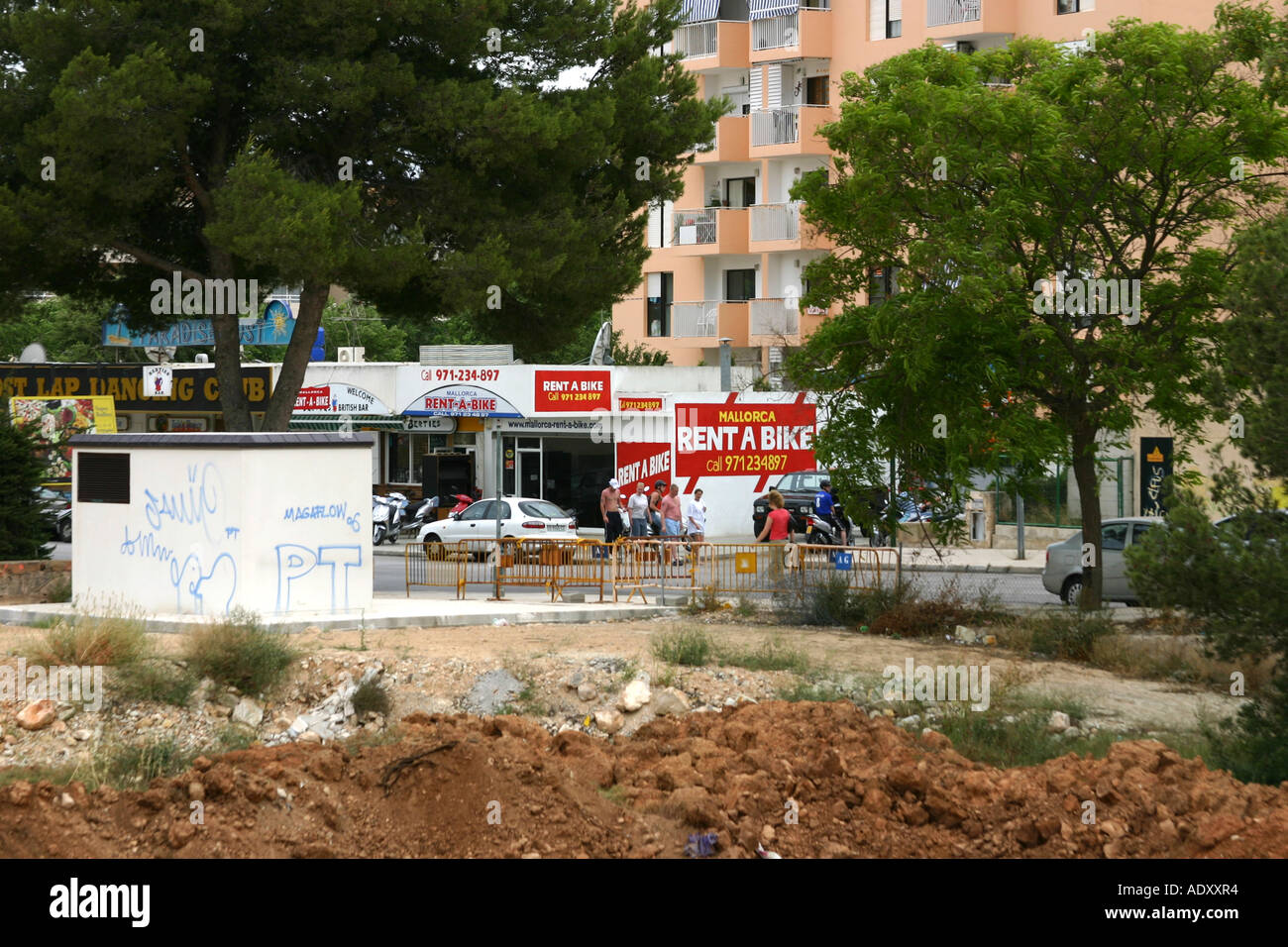 Bike rental shop on road close to rough land in Magalluf, Majorca Stock ...