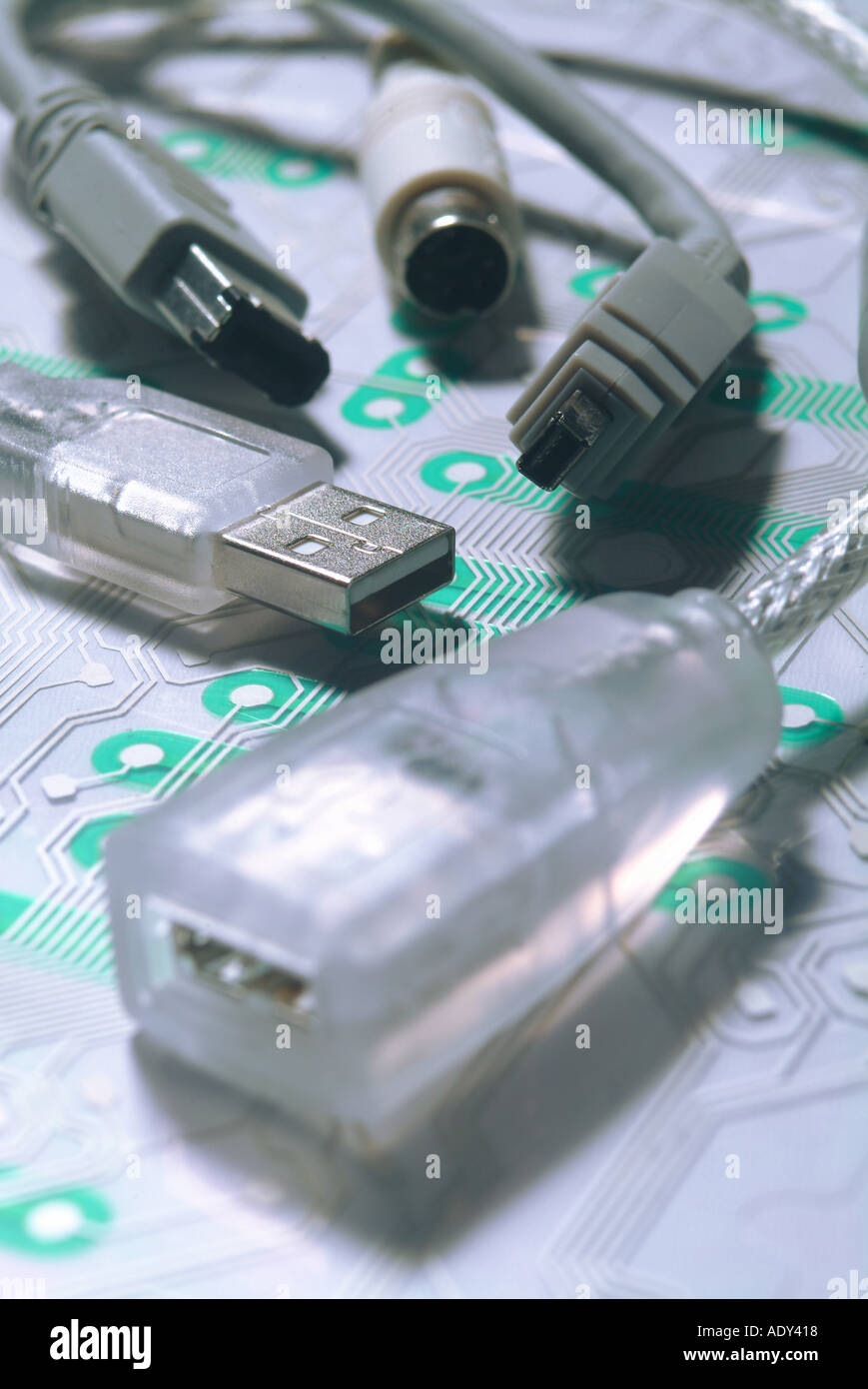 Computer Comm cables wires connections circuit board plugs grey plastic ...