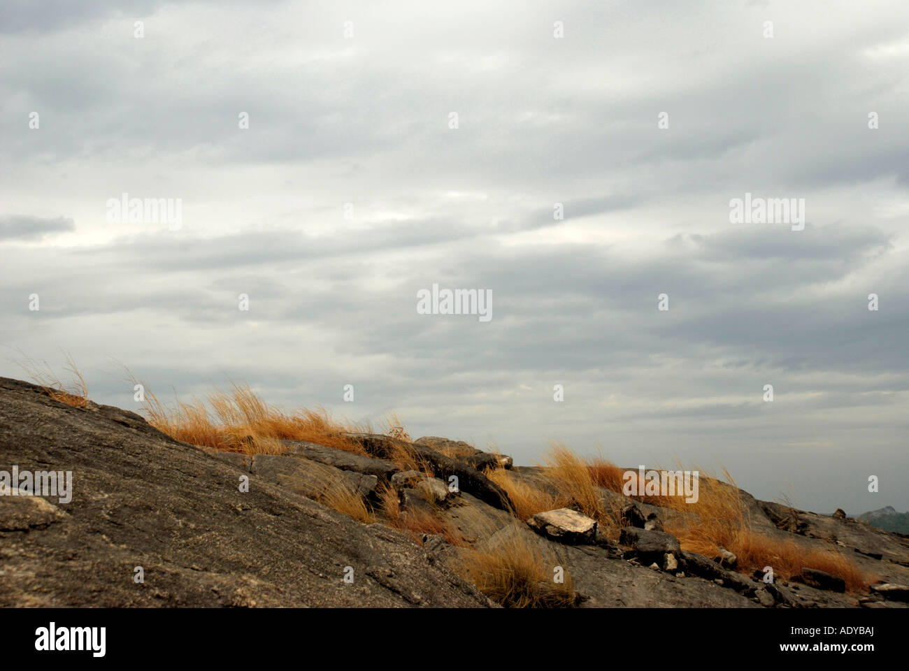Dry grass on top of rocky mounden in summer against cloudy sky Stock ...