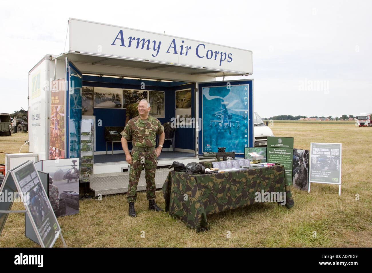 A soldier at a British Army Air Corps recruitment stand at Rougham Fair ...