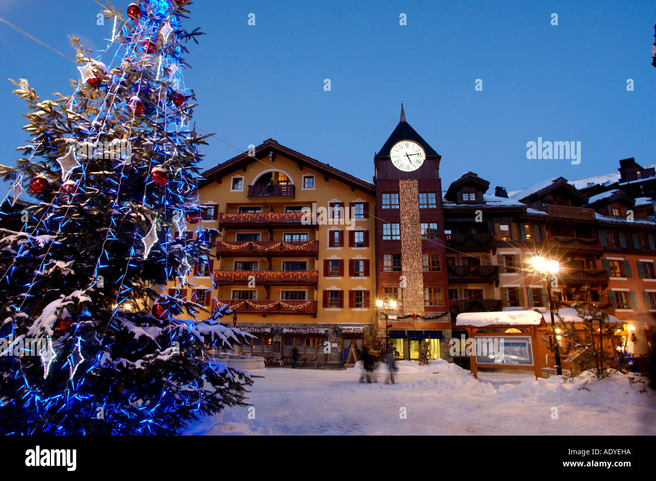 ski village Arc 1950, hotels with Christmas decoration, France, Savoie ...