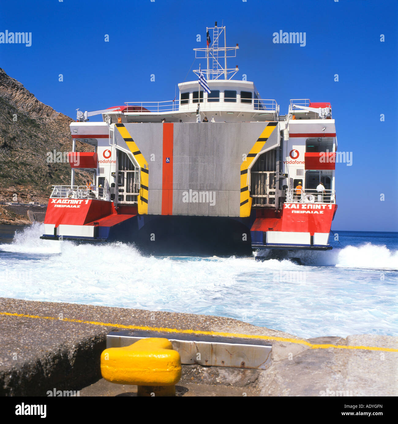 Rear view of a high speed Greek Islands ferry with a Vodafone logo sign ...