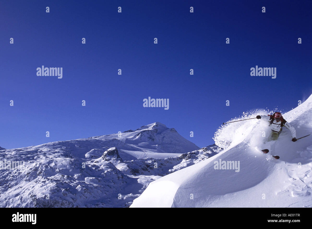 ski off piste in Tignes ski resort; le Grand Motte in the background ...