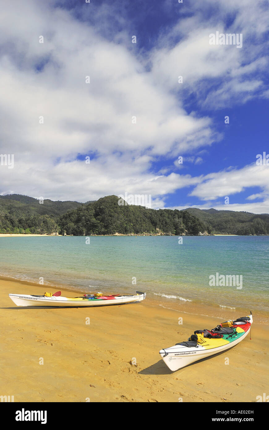 sea kajaks at beach, The Anchorage, New Zealand, Southern Island, Abel ...