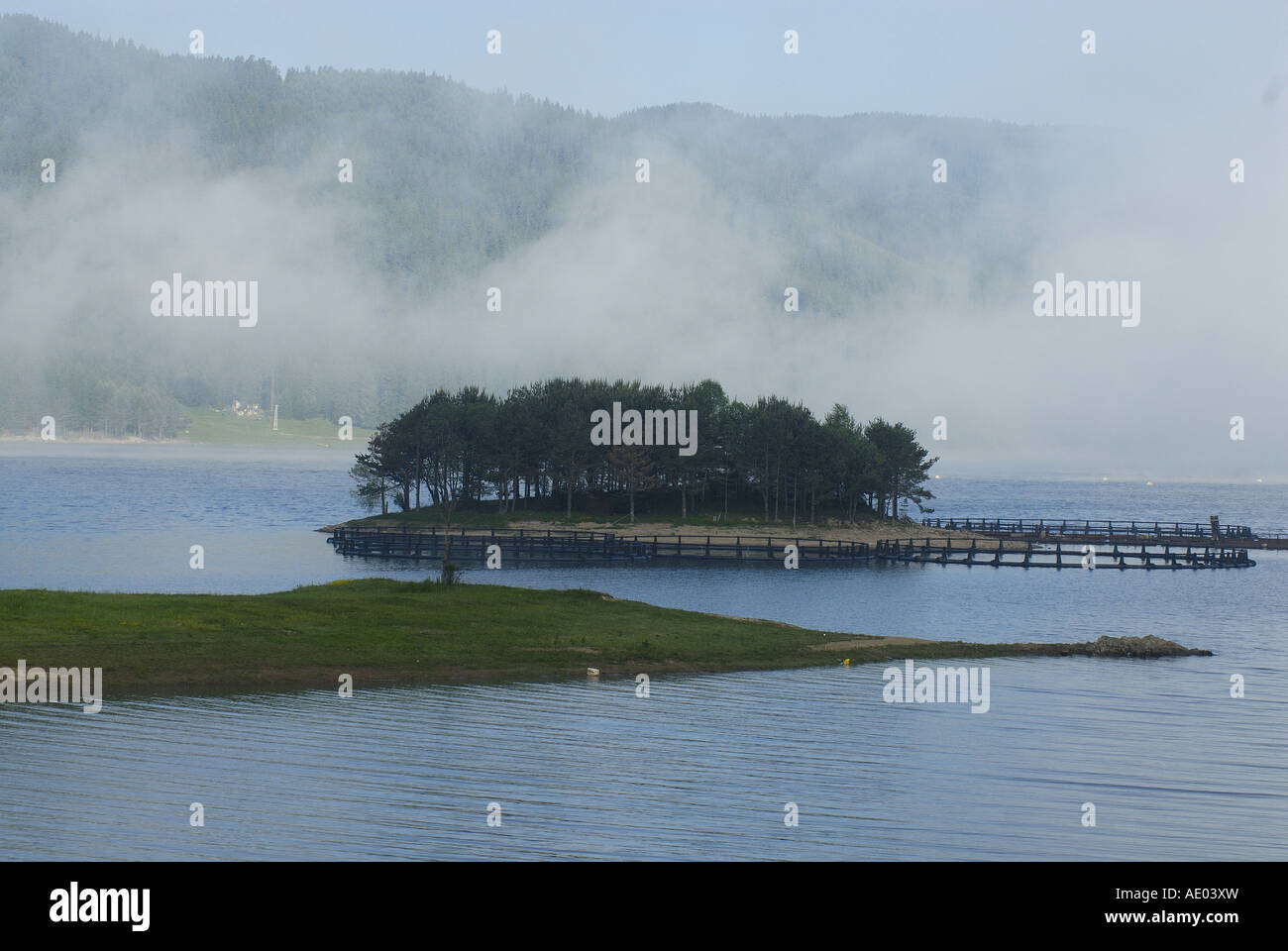 Lake Jaz Dospat with morning mist, Bulgaria, Rhodope Mountains, Dospat ...