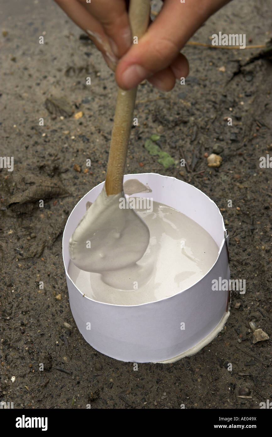 child making a cement copy of the trace of a roe deer Stock Photo - Alamy