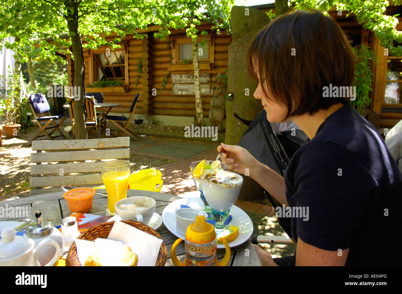female woman eat outdoor breakfast frühstuck german germany deutschland ...