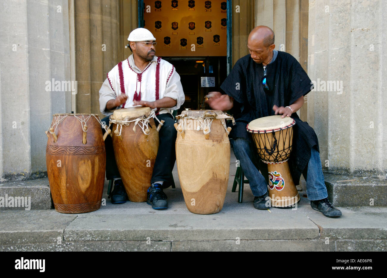 Drummers performer on steps of Brecon Museum during Brecon Jazz ...