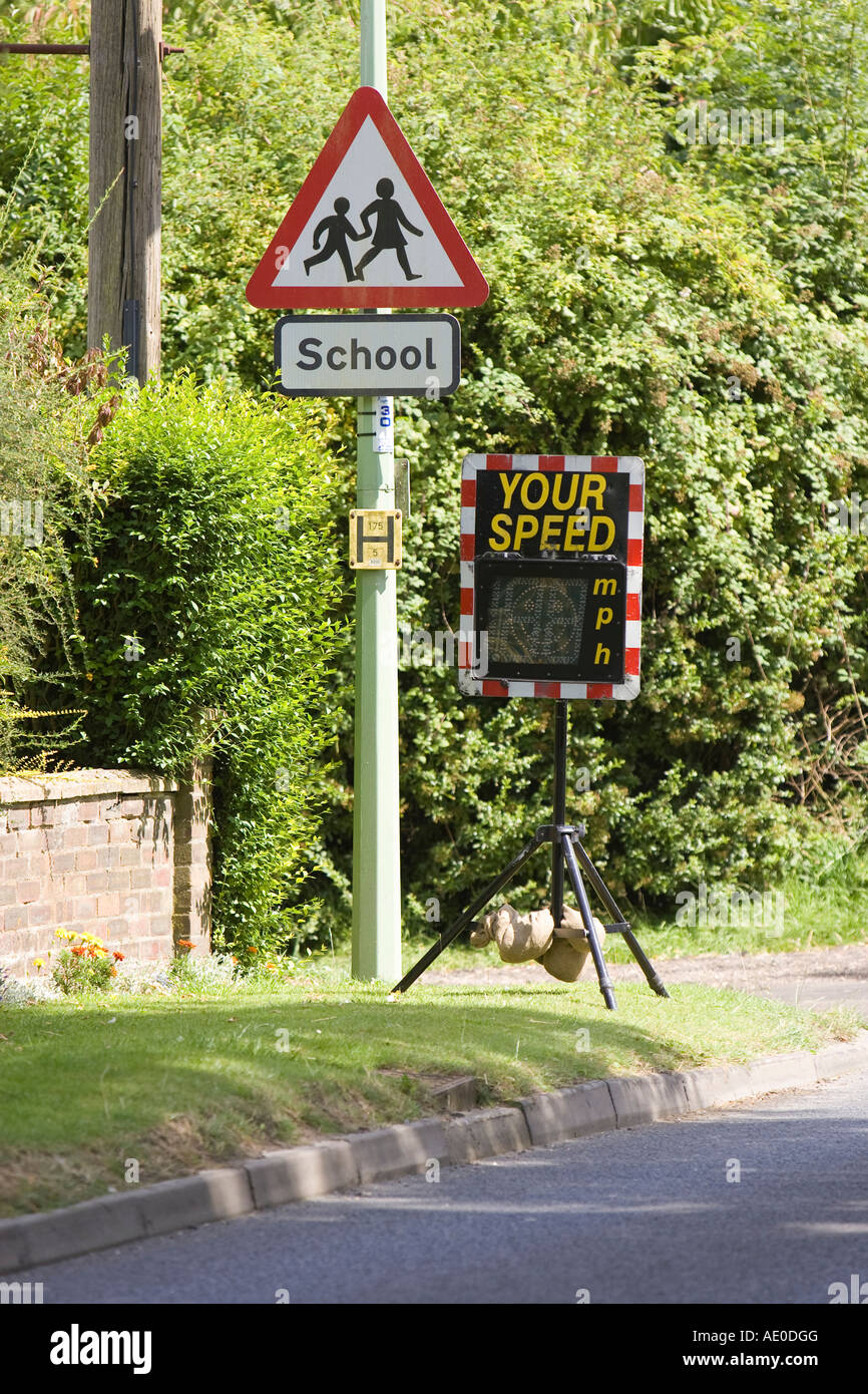 a radar based speed display sign next to a school roadsign Stock Photo ...