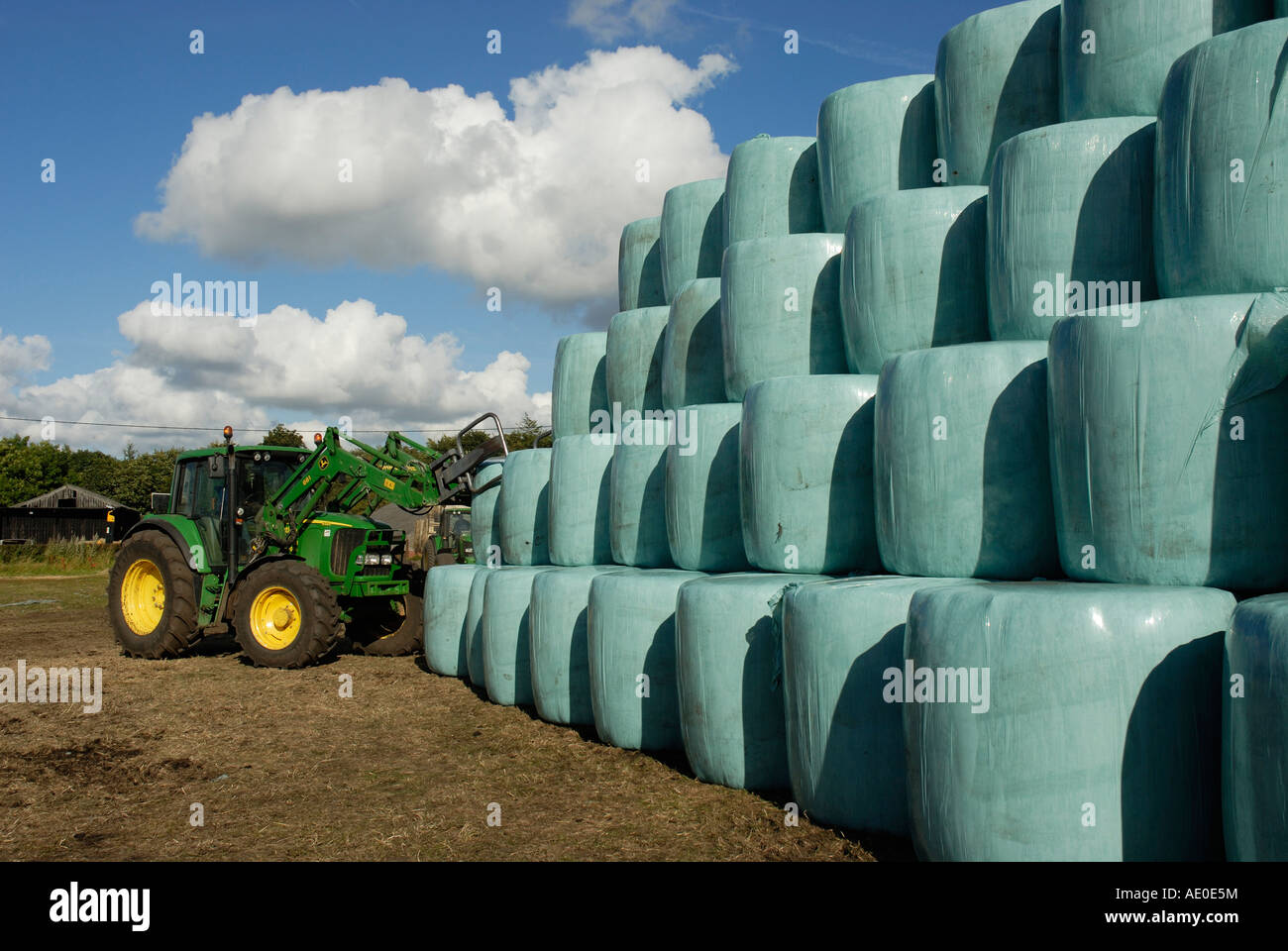 Stacking round bales of hay for Haylage Stock Photo - Alamy