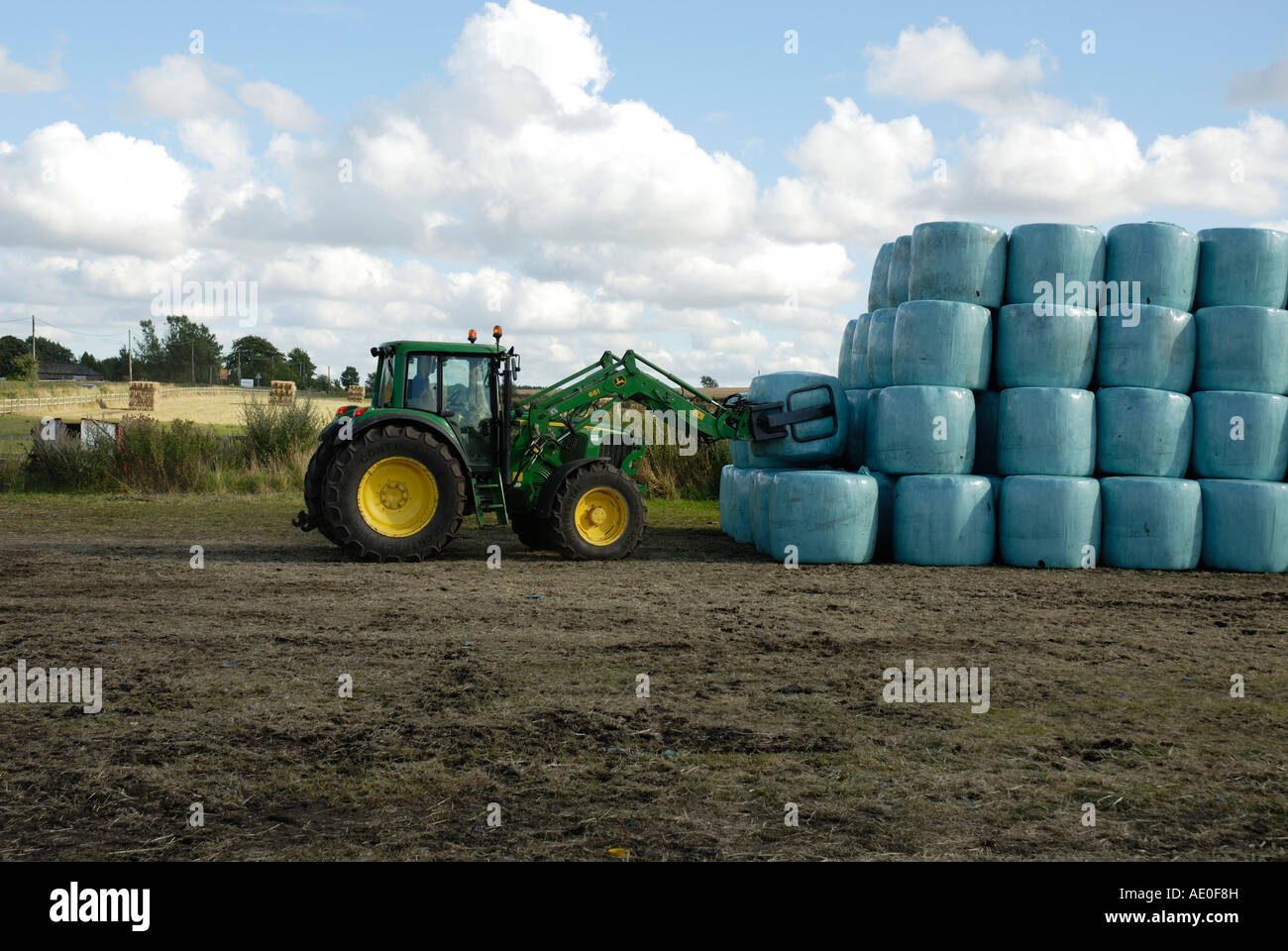 Stacking round bales of hay for Haylage Stock Photo - Alamy
