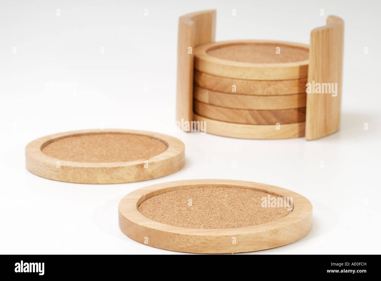 Two wood and cork circular coasters Stock Photo - Alamy
